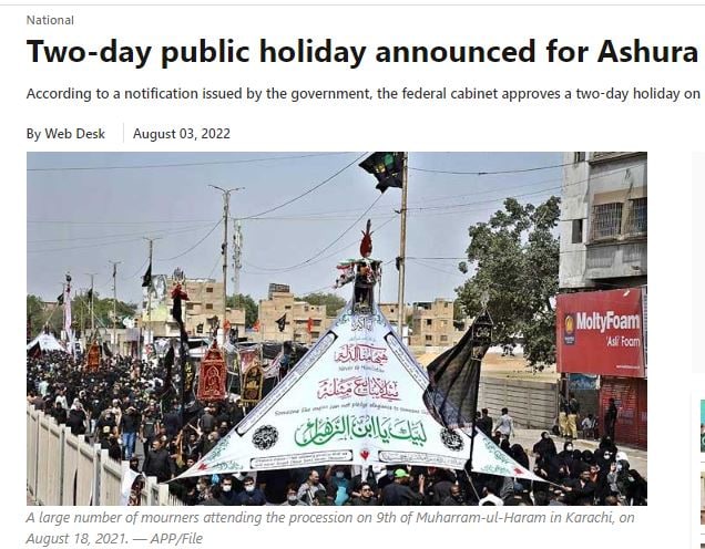 Pakistan announces two-day public holiday in commemoration of Ashura ...